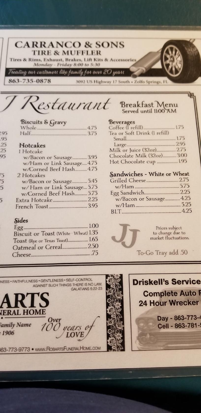 Menu at Double J Restaurant, Wauchula, US-17