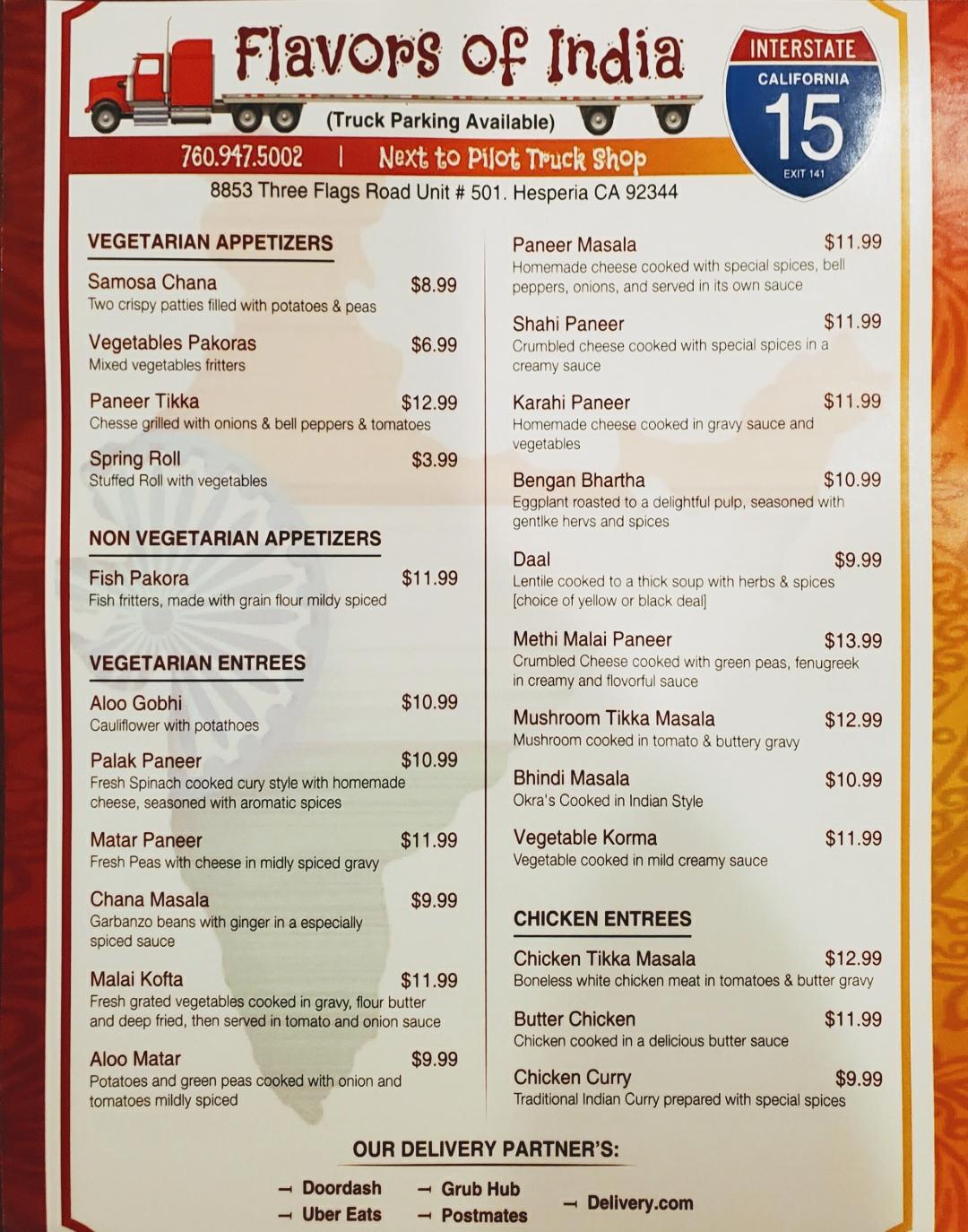 Menu at Flavors of India (Punjabi Dhaba) restaurant, Hesperia