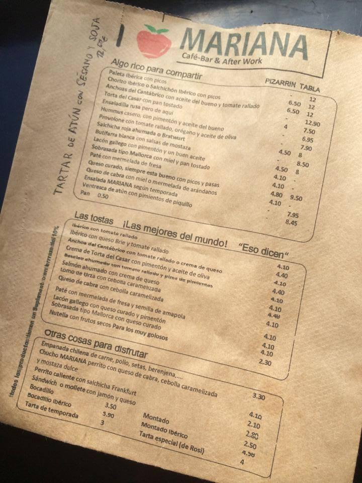 Menu at MARIANA Cafe Bar & After Work, Madrid, Calle de Juan de Mariana 14