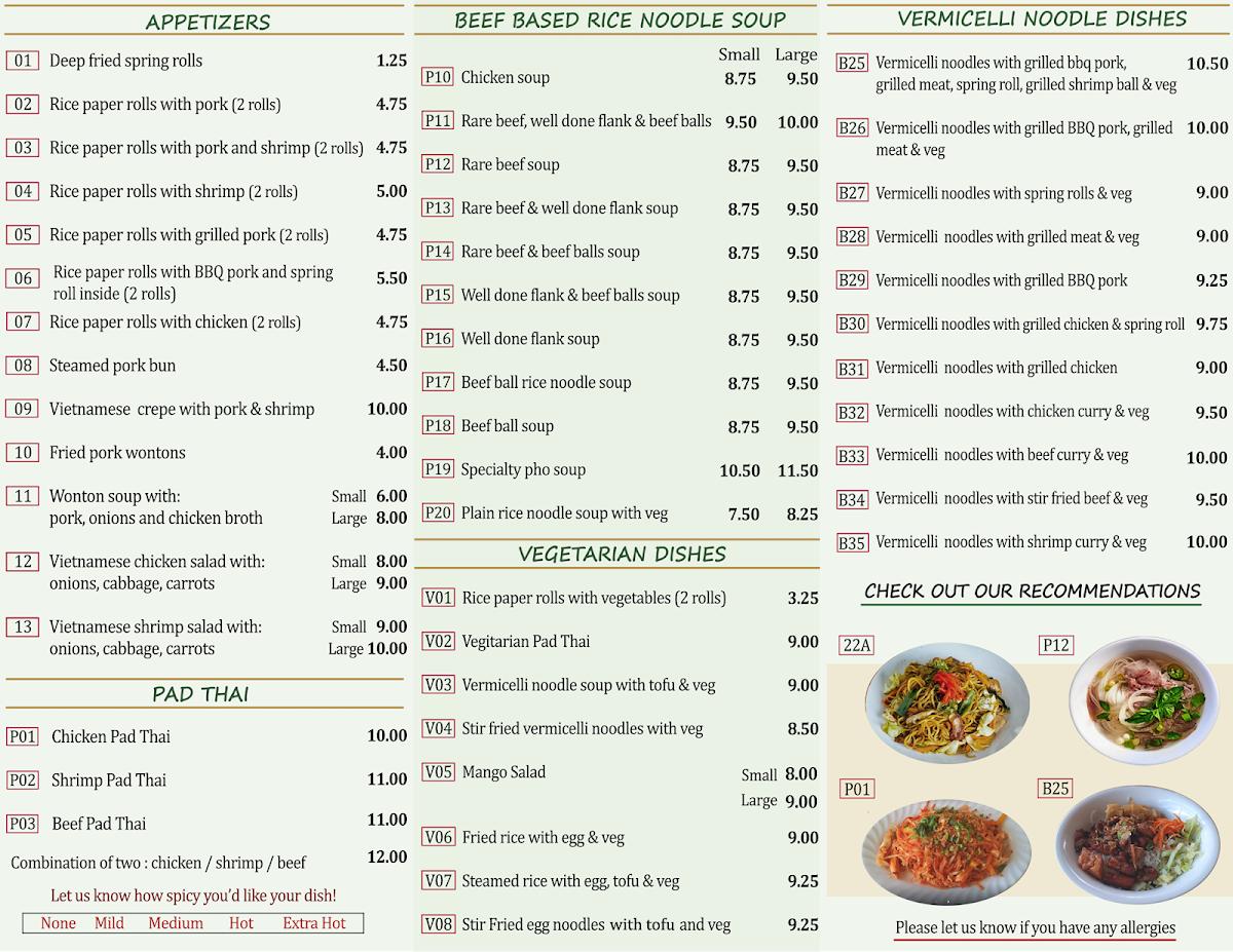Menu at PHO VN Restaurant, Tillsonburg