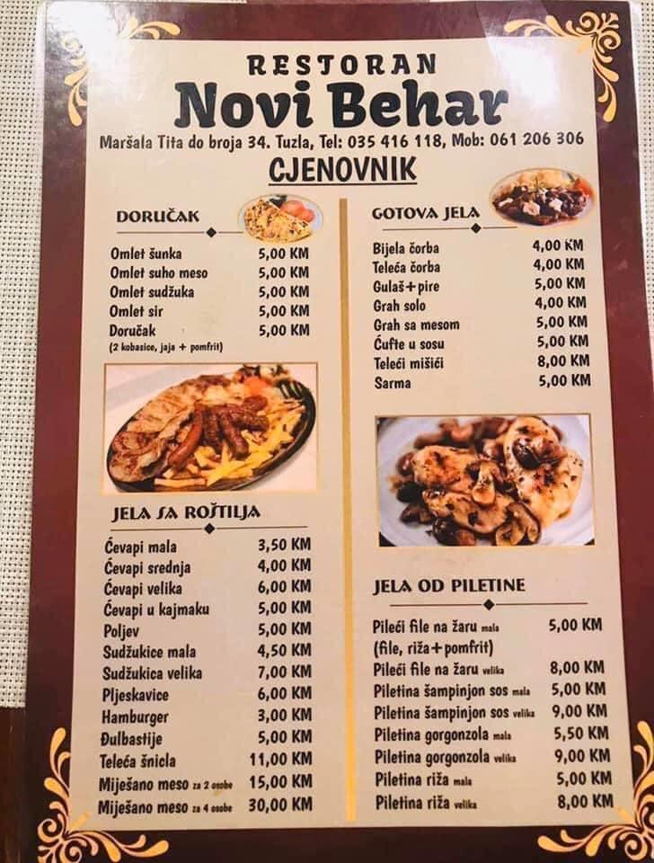 Menu at Restoran Novi Behar restaurant, Tuzla