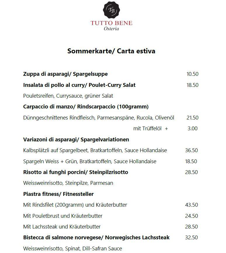 Menu at TUTTO BENE OSTERIA, Däniken