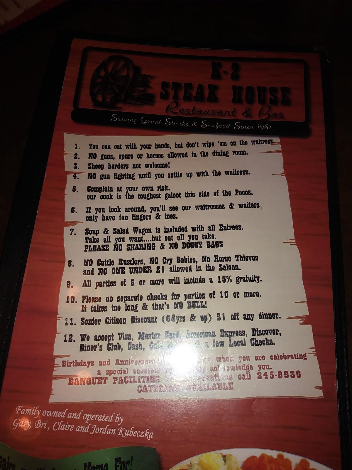 Menu at K-2 Steak House steakhouse, Bay City