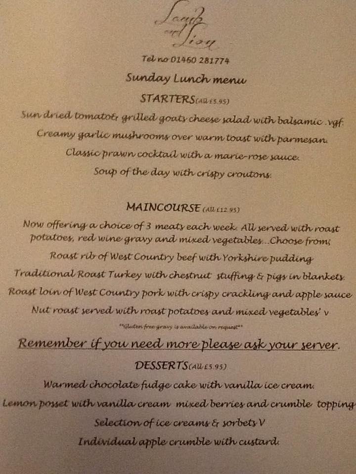 Menu at Lamb & Lion pub & bar, Hambridge