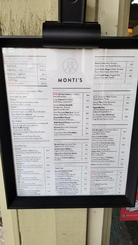 Menu at Monti's pizzeria, Santa Rosa
