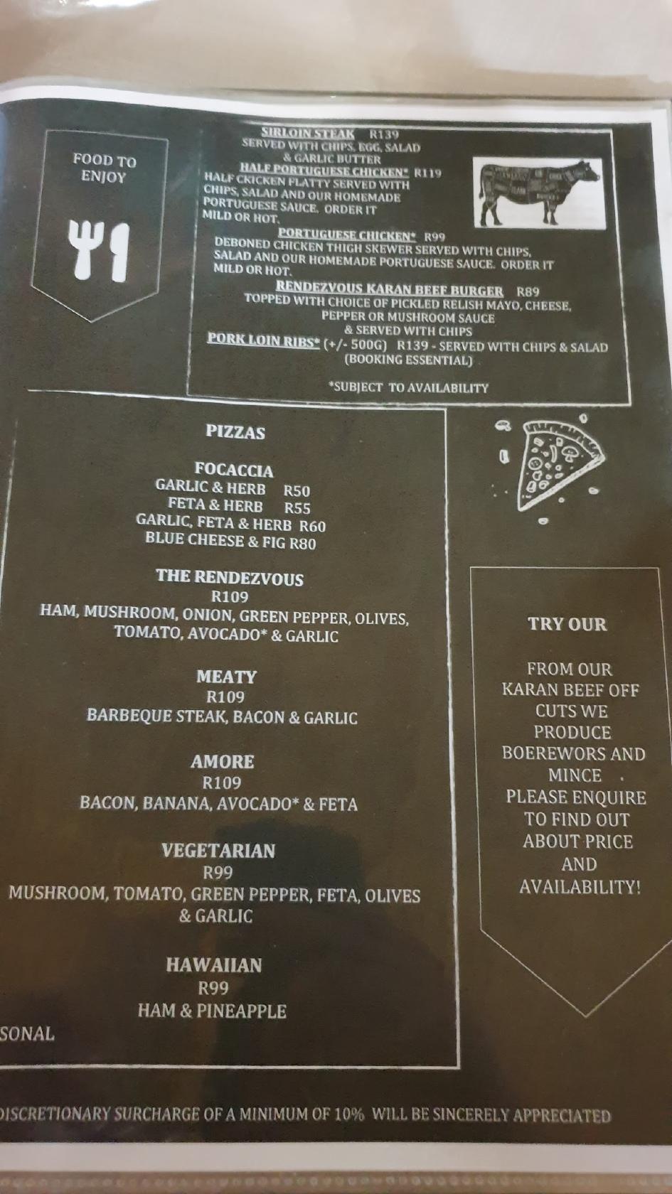 Menu at Rendezvous restaurant, George