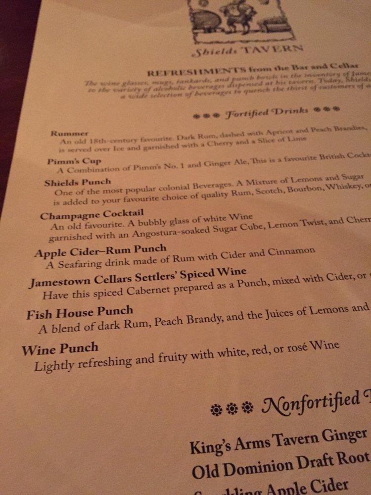 Menu at Shields Tavern restaurant, Williamsburg