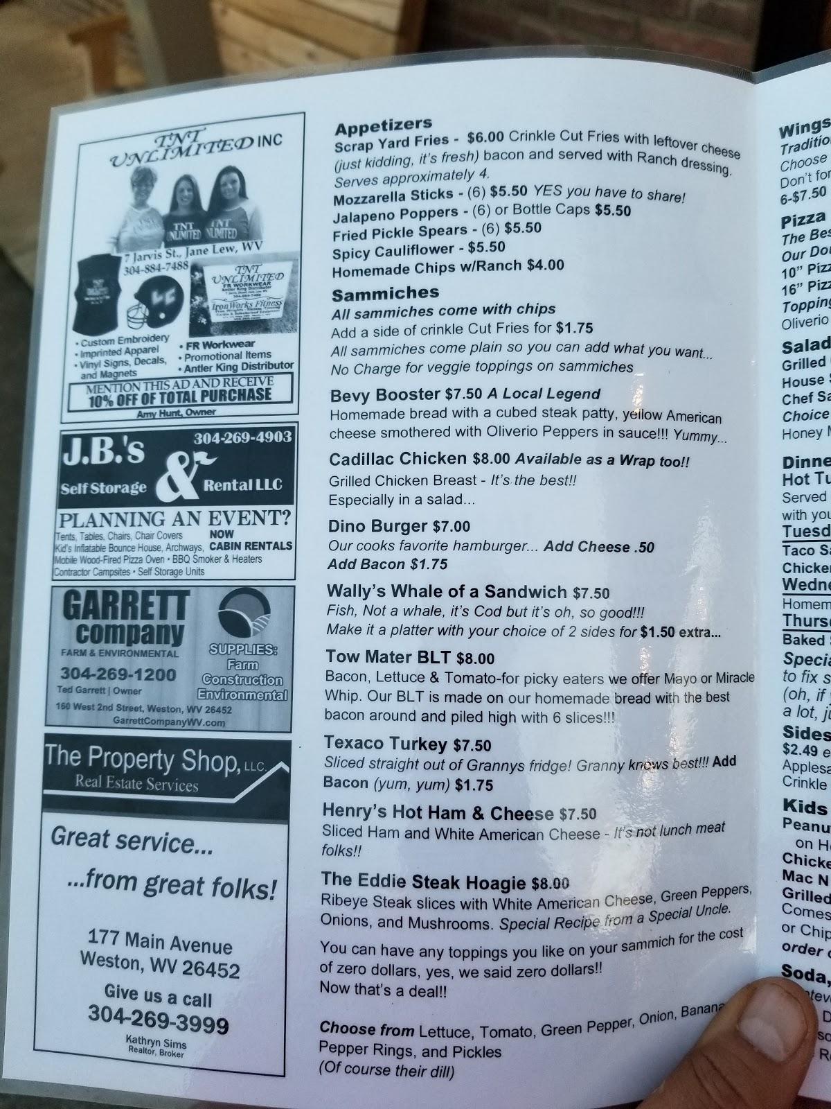 Menu at The Service Station pizzeria, Jane Lew