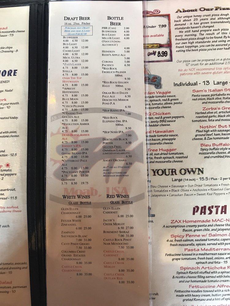 Menu at Zax Restaurant, Moab