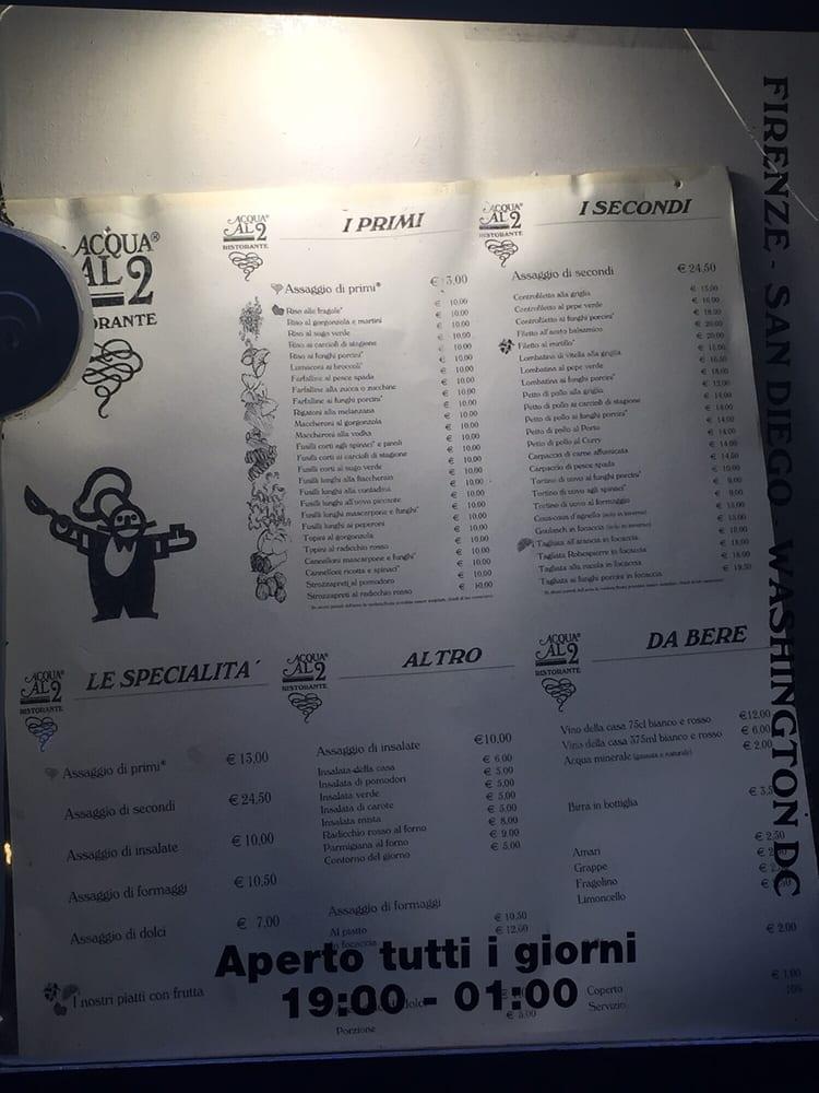 Menu da Acqua Al 2 pub & bar, Firenze
