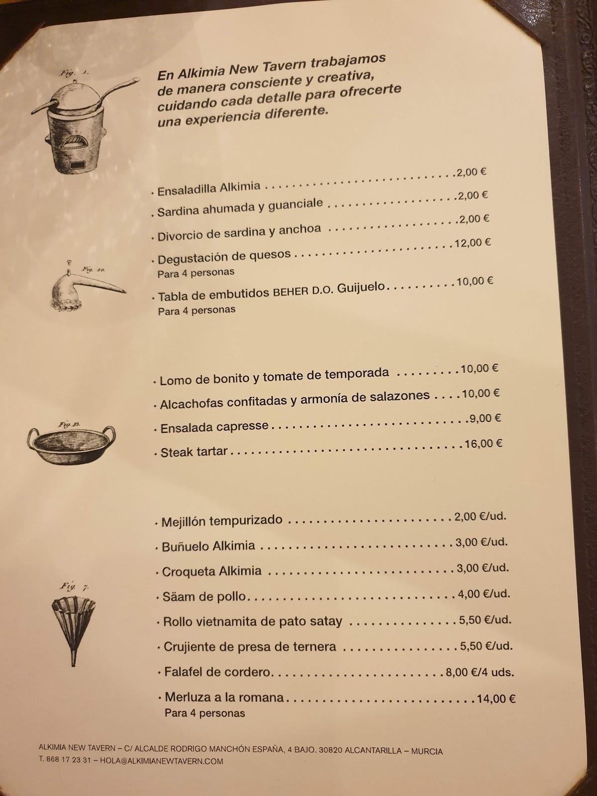 Carta del restaurante Alkimia New Tavern, Alcantarilla