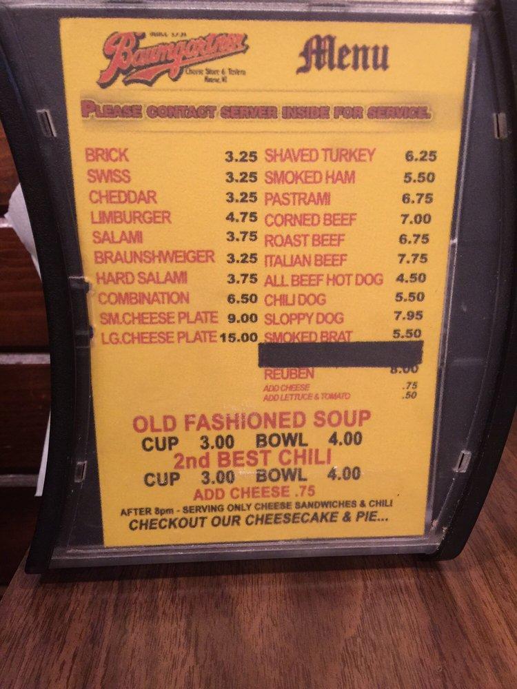 Menu at Baumgartner's Cheese Store & Tavern pub & bar, Monroe