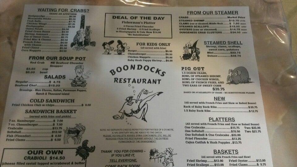Menu at Boondocks Restaurant & Package Store, Smyrna, 825 Lighthouse Rd
