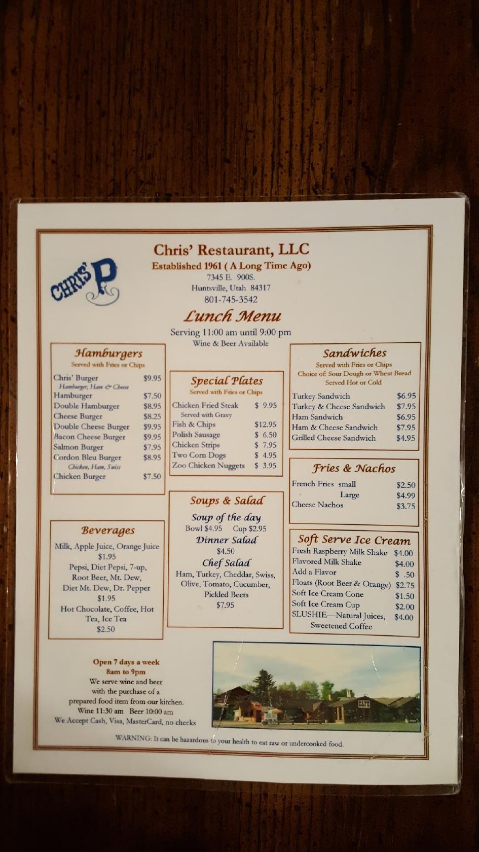 Menu at Chris' restaurant, Huntsville