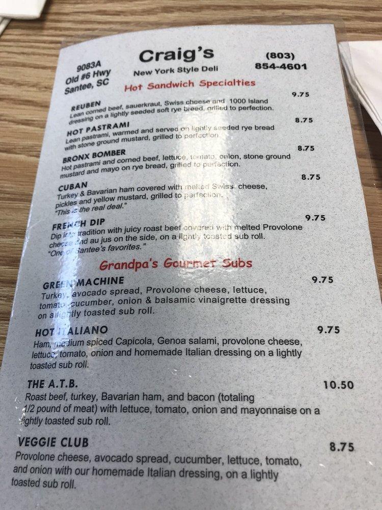 Menu at Craig's Deli cafe, Santee