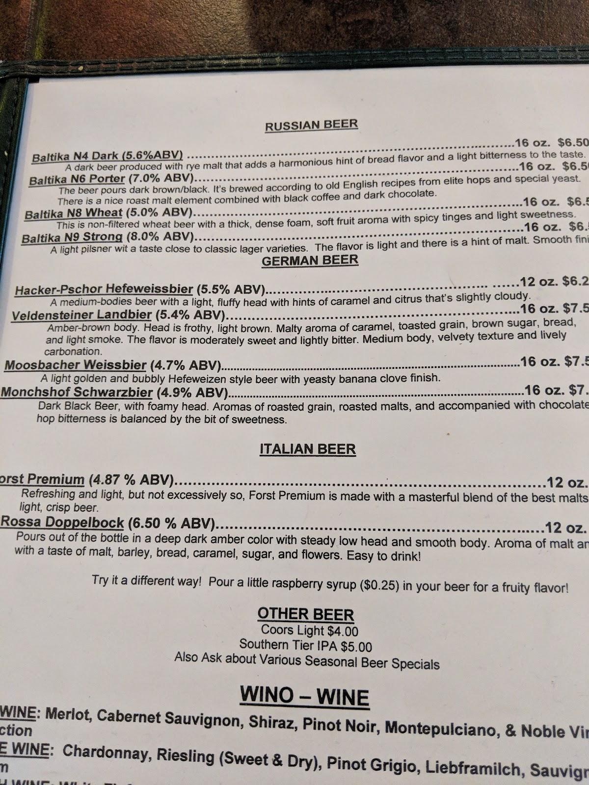Menu at Eva's European Sweets restaurant, Syracuse