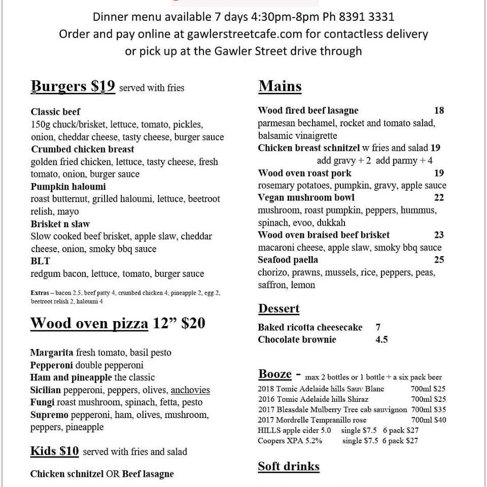 Menu at Gawler Street Cafe, Mount Barker