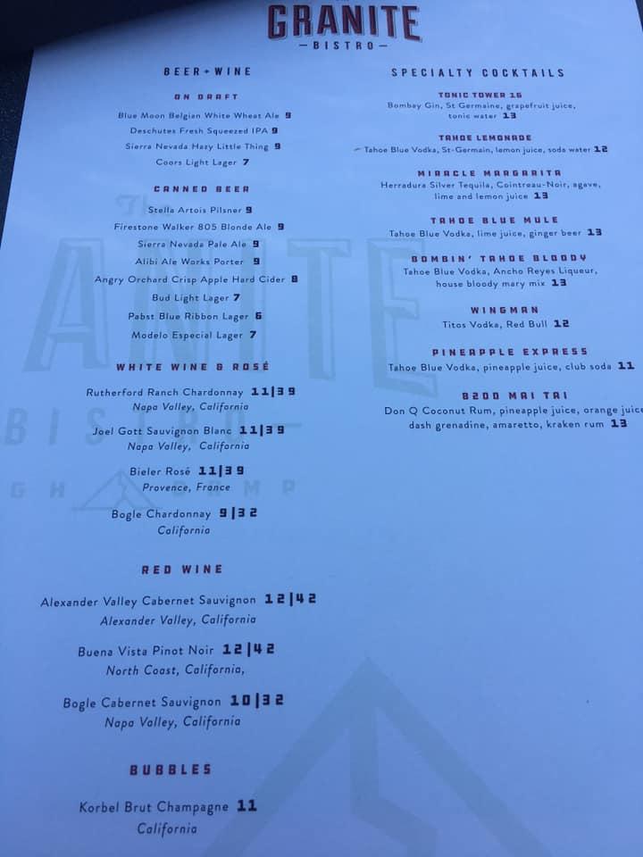 Menu at Granite Bistro Cafe, Olympic Valley