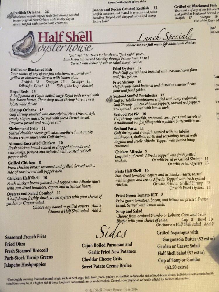 Menu at Half Shell Oyster House restaurant, Flowood