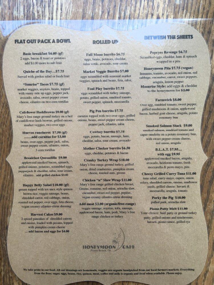 Menu at Honeymoon Cafe, Pismo Beach