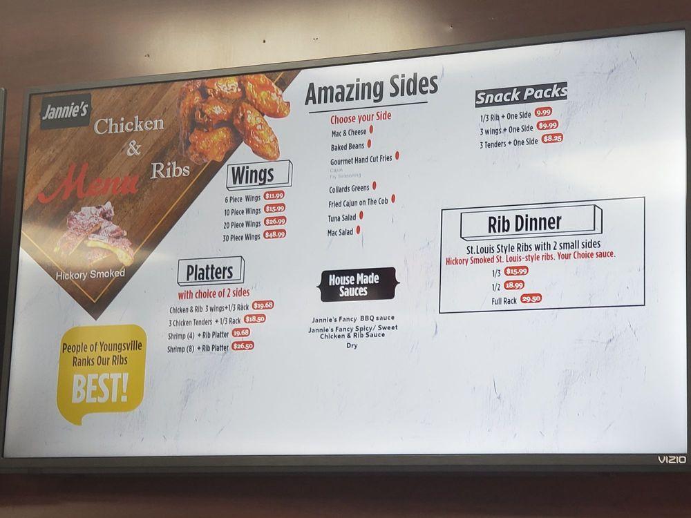 Menu at Jannie's Chicken & Ribs restaurant, Youngsville