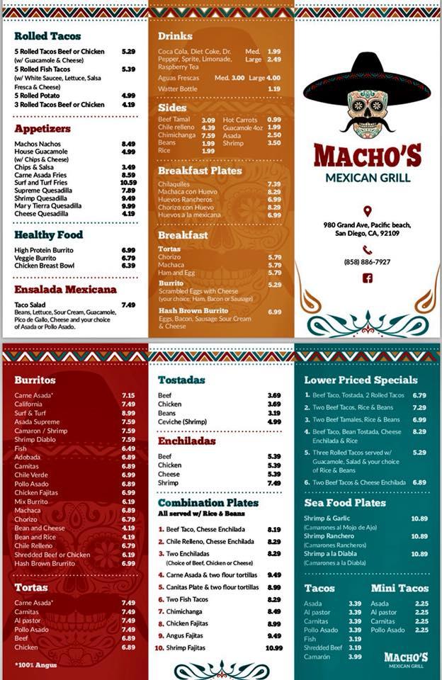 Menu at Machos restaurant, San Diego