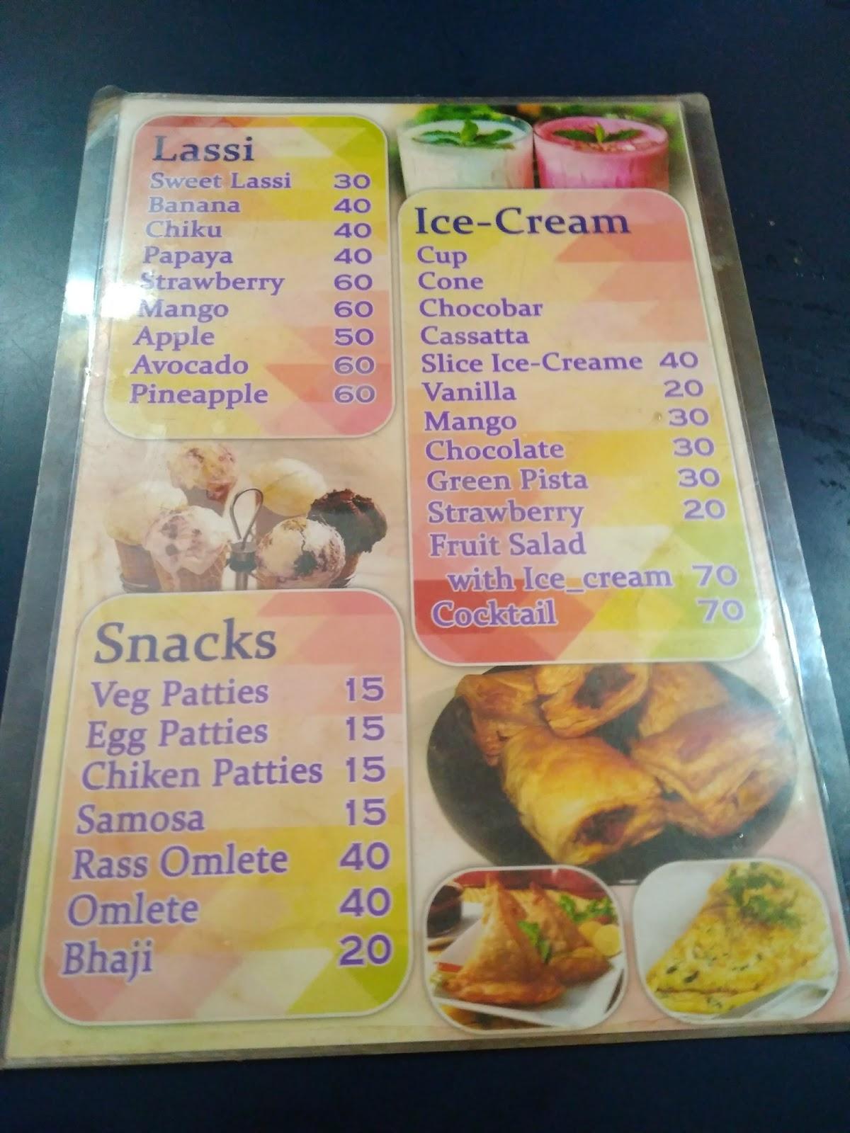 Menu at Milan, Arambol