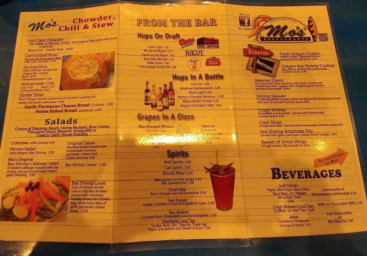 Menu at Mo's Restaurant, Astoria