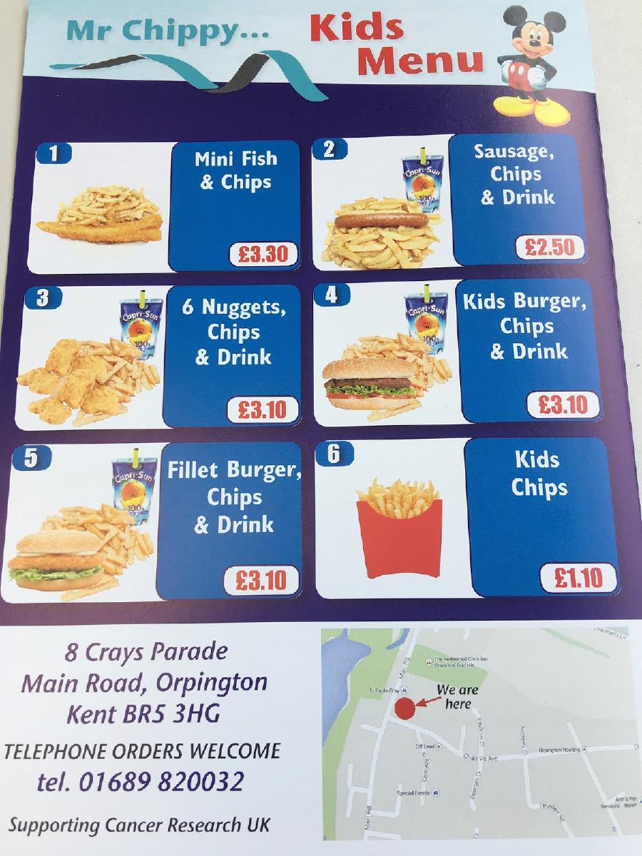 Menu at Mr chippy restaurant, Orpington