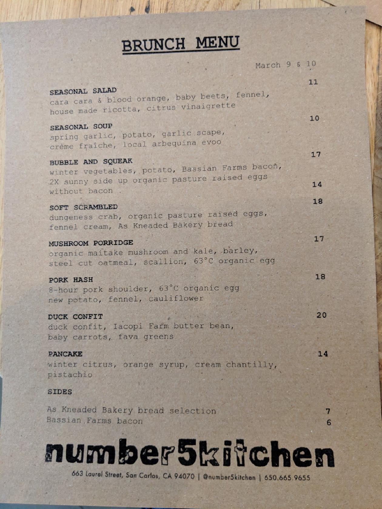 Menu at number5kitchen restaurant, San Carlos