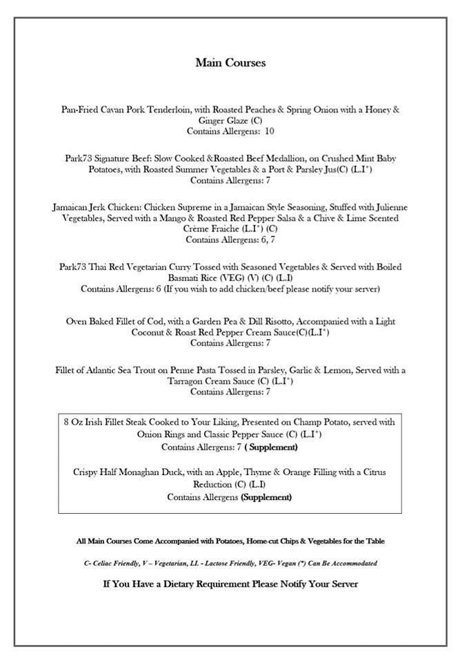 Menu at Park73 at Parkers Of Clonmel restaurant, Clonmel, Thomas St