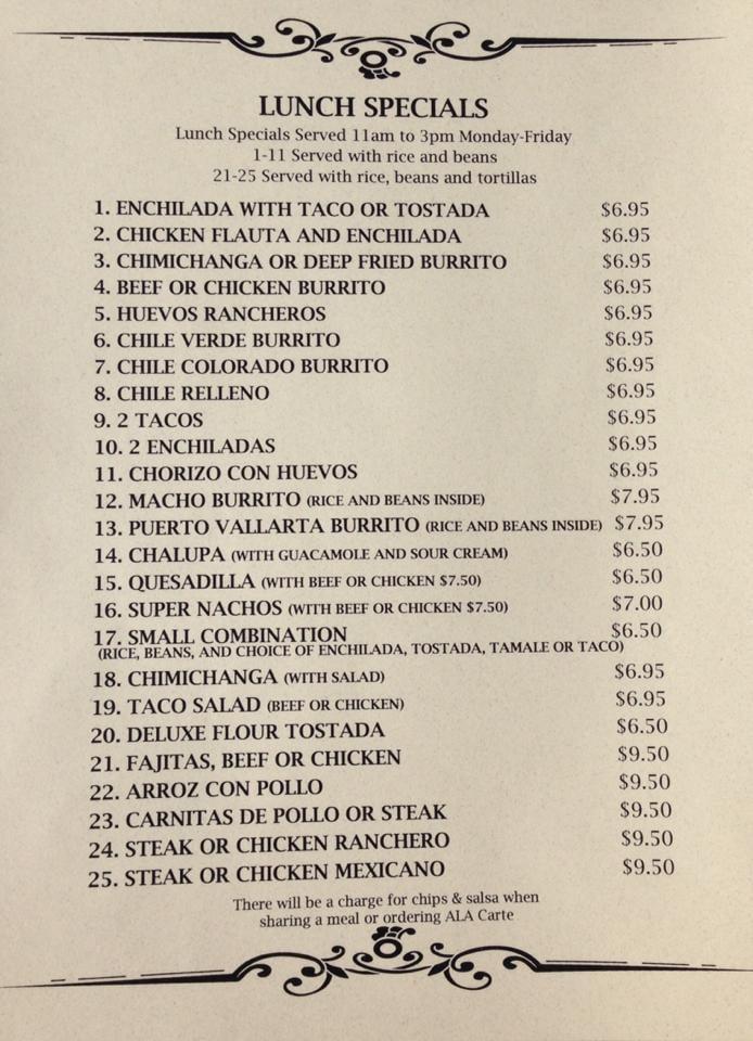 Menu at Señor Garcia's Puerto Vallarta restaurant, Pocatello