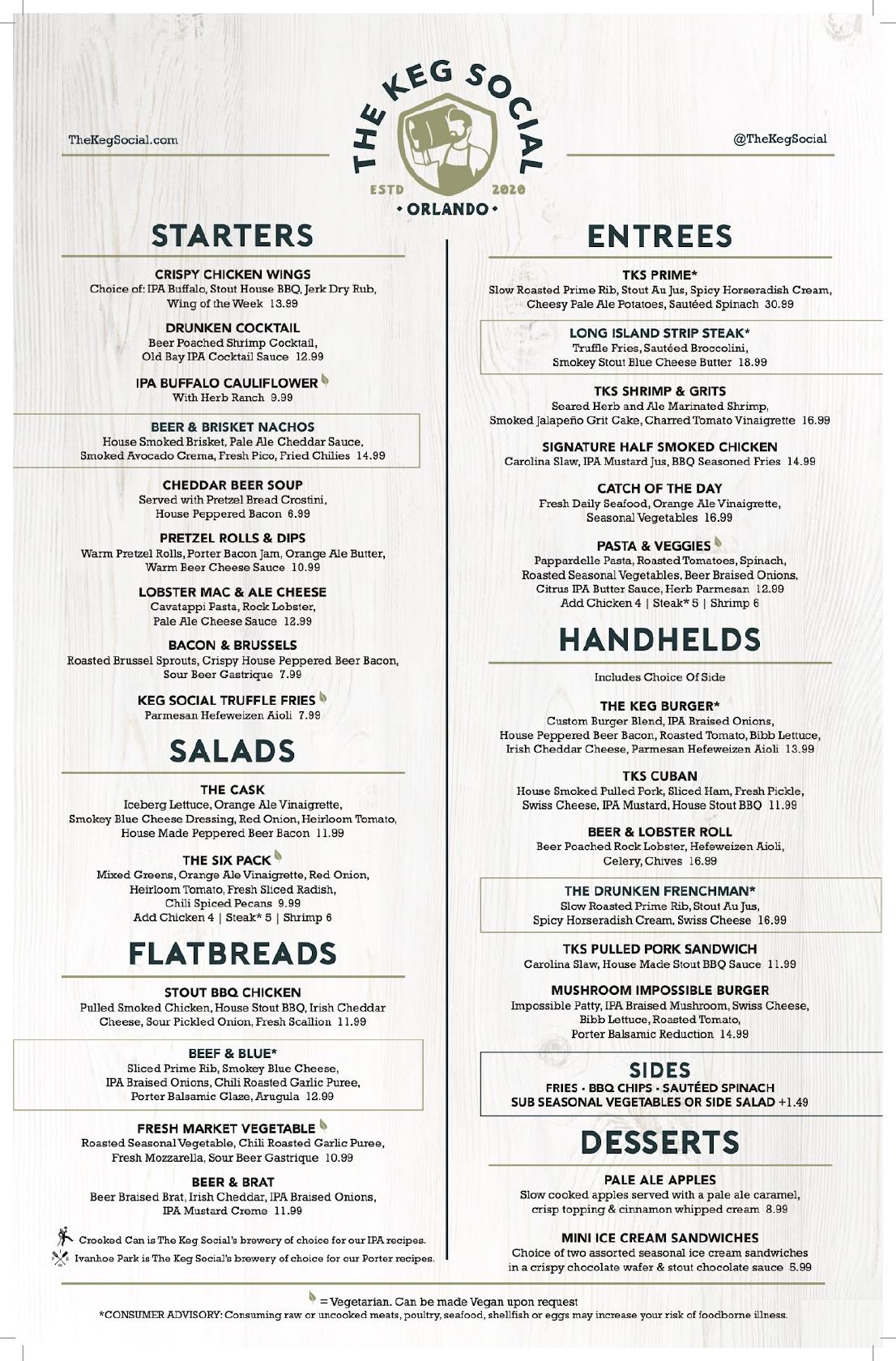 Menu at KEG SOCIAL ORLANDO - Dining & Entertainment pub & bar, Alafaya