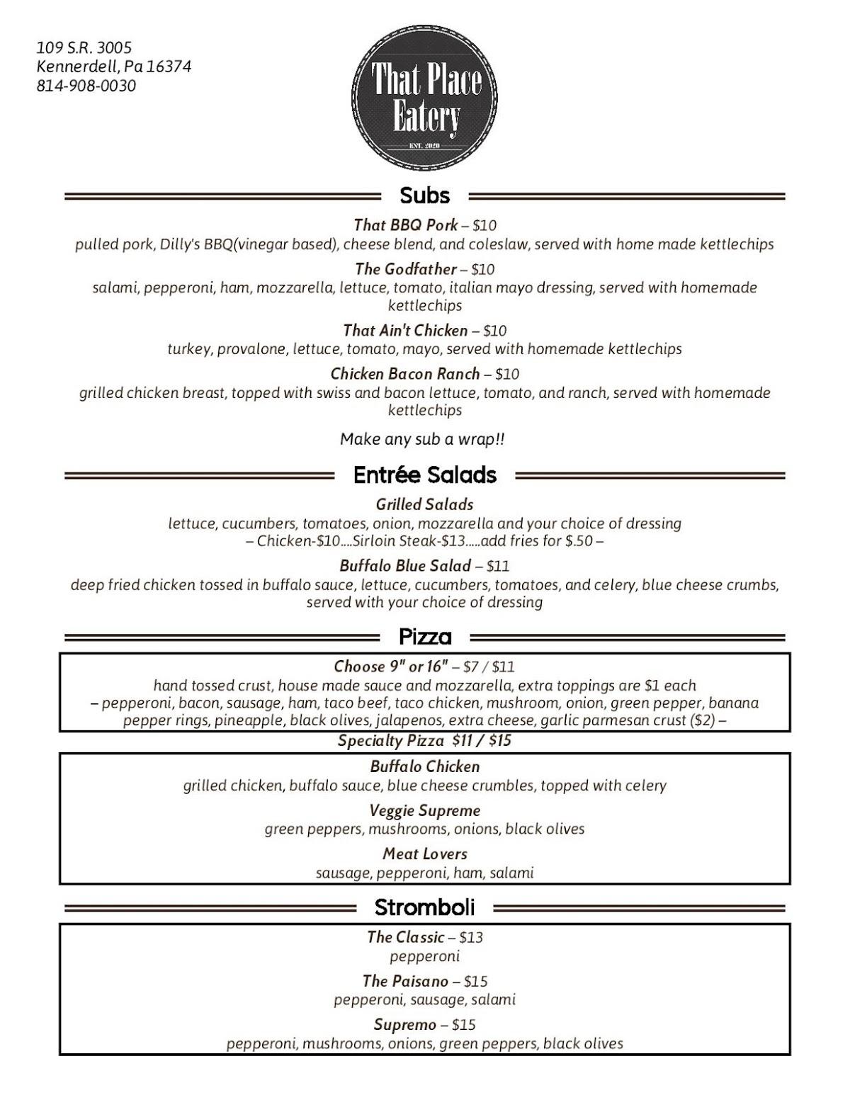 Menu at That Place Eatery restaurant, Clintonville