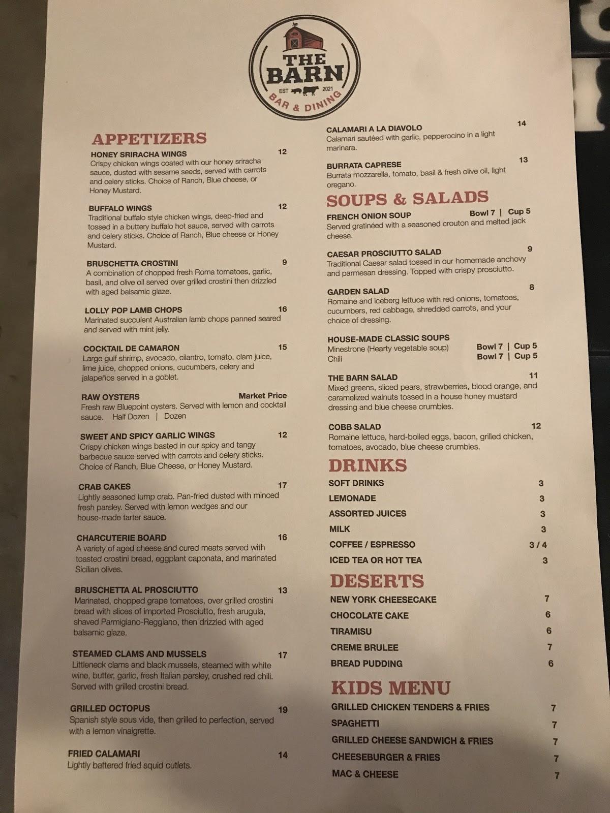 Menu at The Barn - Bar and Dining, Ramona