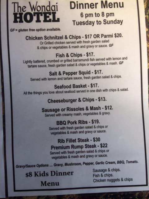 Menu at Wondai Hotel pub & bar, Wondai