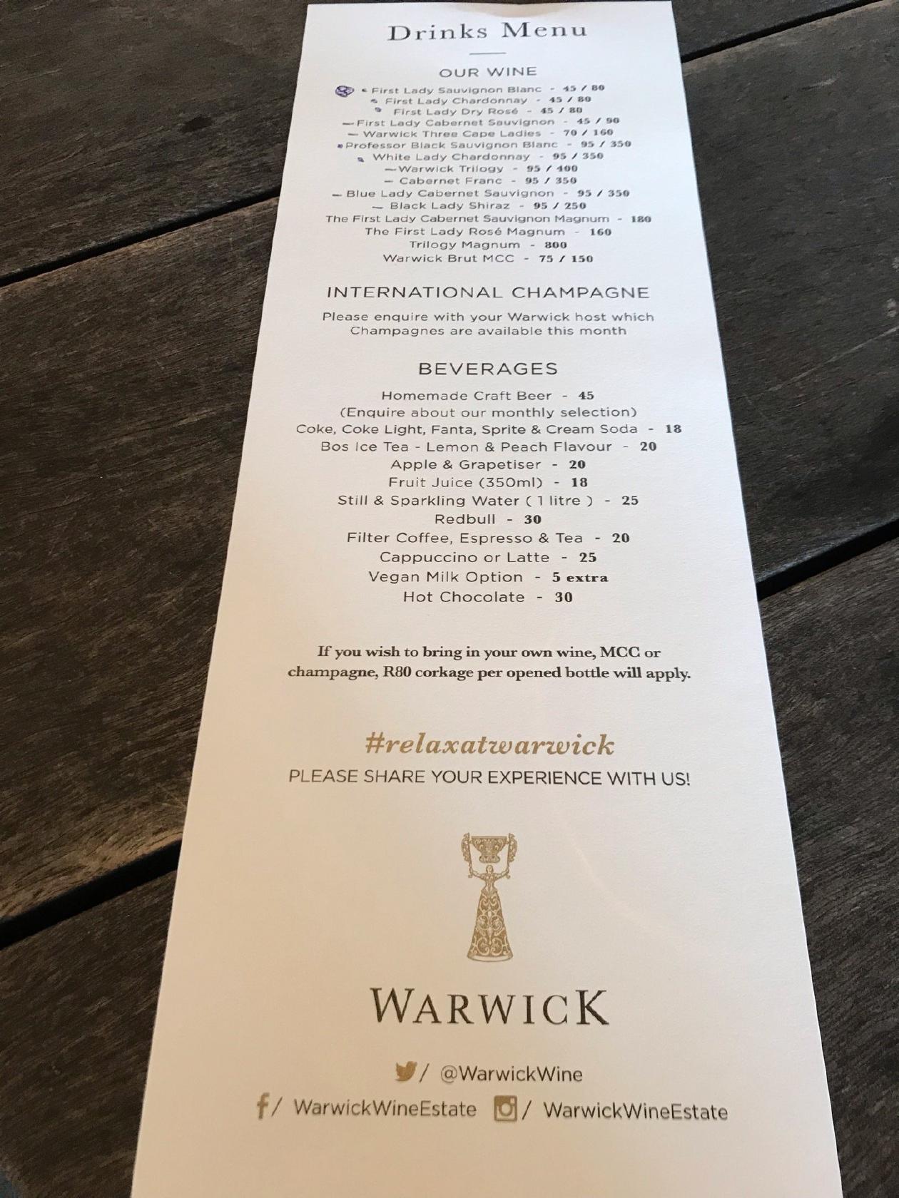 Menu at Warwick Wine Estate pub & bar, Stellenbosch