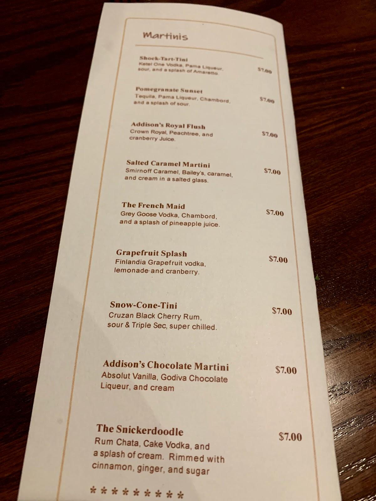 Menu at Addison's - South restaurant, Columbia, Frontgate Dr