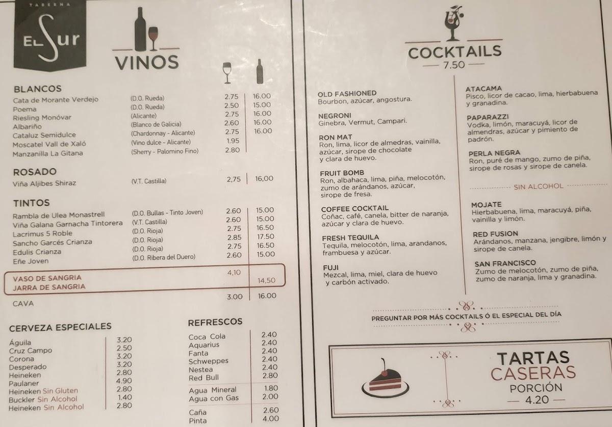 Menu at Taberna El Sur pub & bar, Madrid