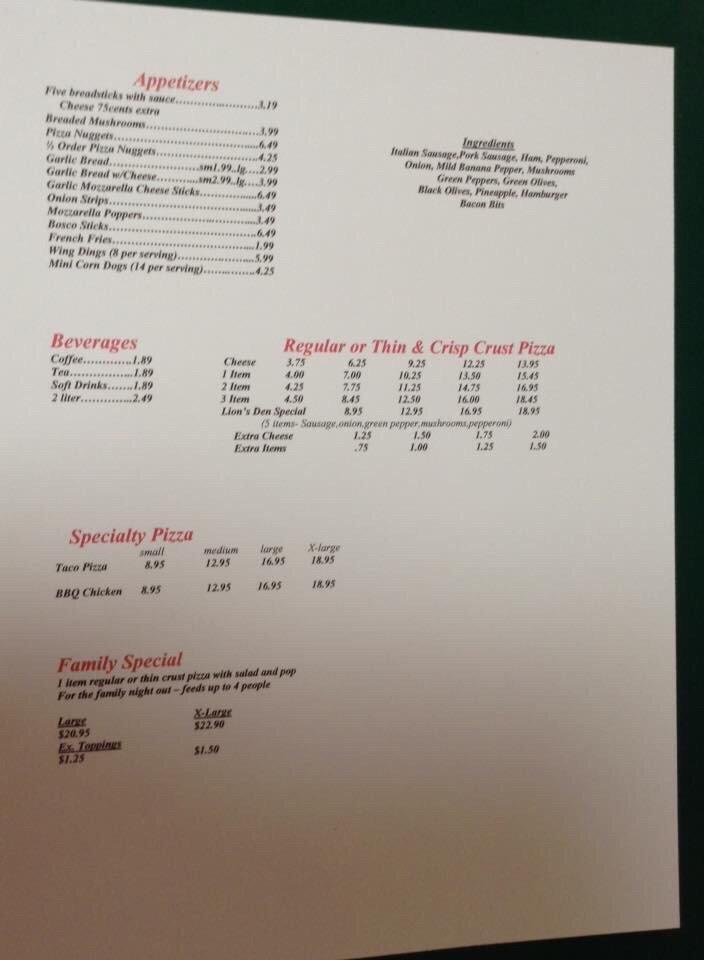 Menu at Lion's Den Pizzeria, Marshall