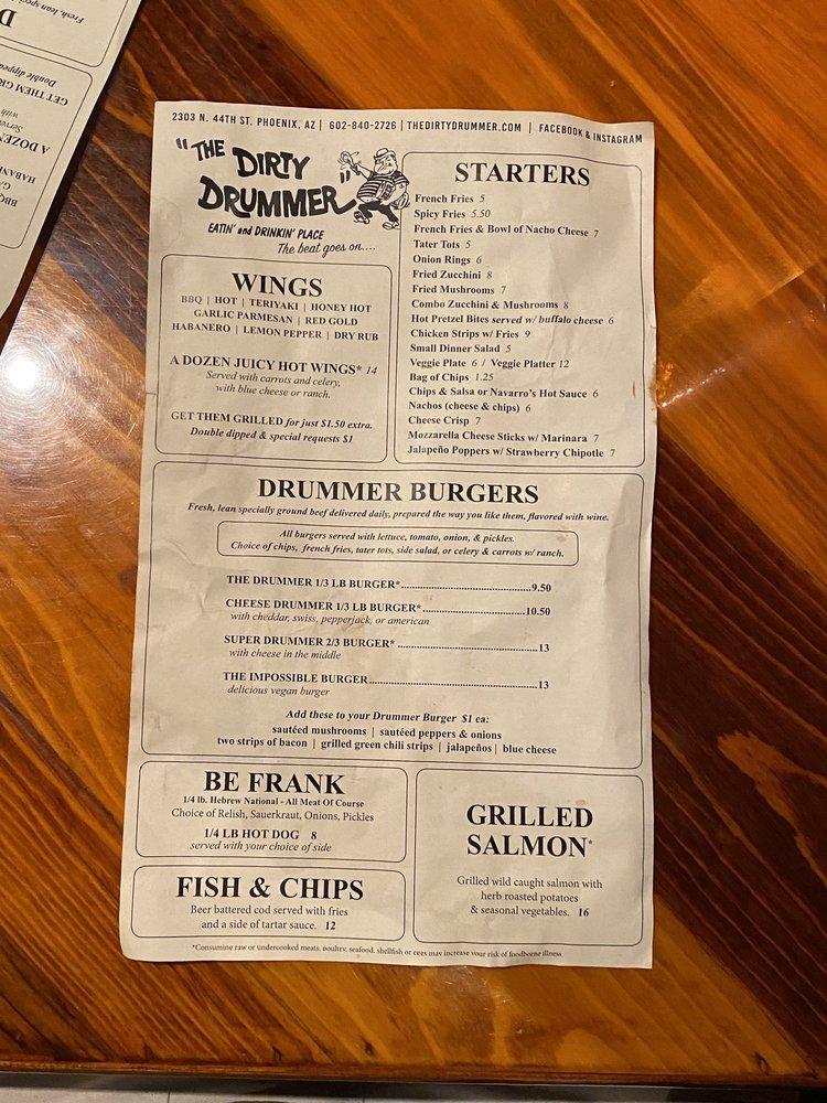 Menu at The Dirty Drummer pub & bar, Phoenix, N 44th St