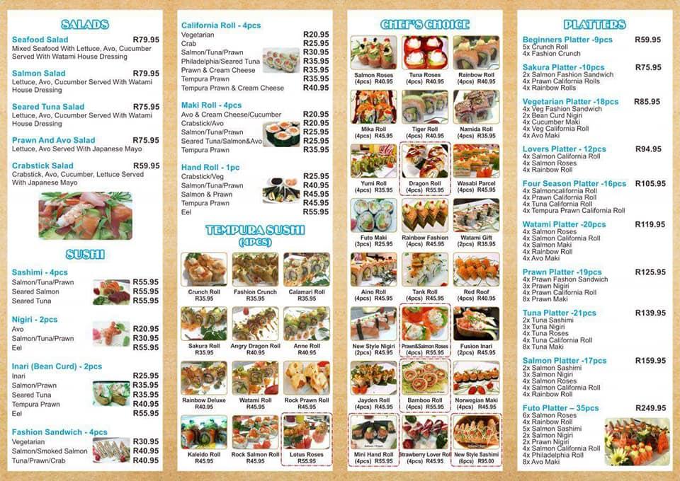 Menu at Watami Stellenbosch restaurant, Stellenbosch, 80 Beyers St