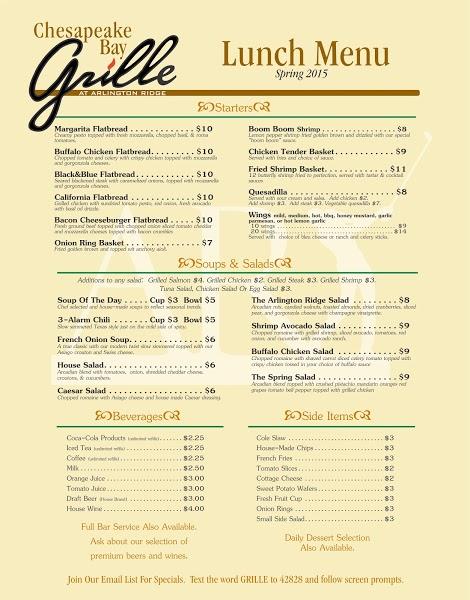 Menu at Chesapeake Bay Grille at Arlington Ridge restaurant, Leesburg