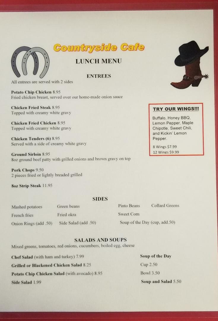 Menu at Countryside Cafe, Mexia