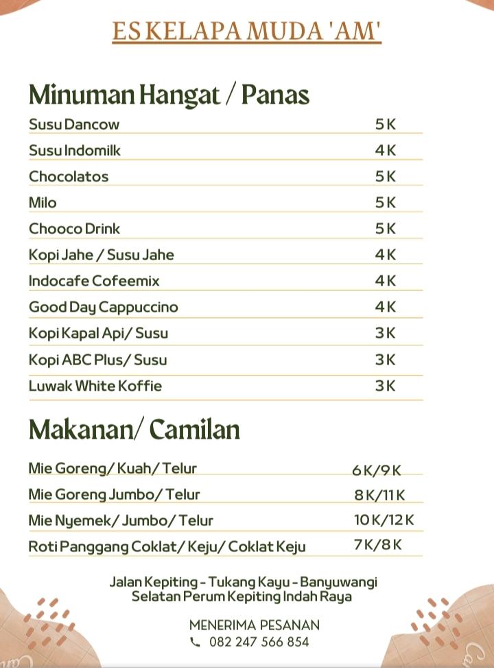 Menu at ES KELAPA MUDA AM, Banyuwangi