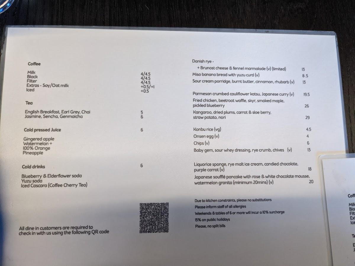 Menu at Edition Roasters cafe, Sydney, 60 Darling Dr