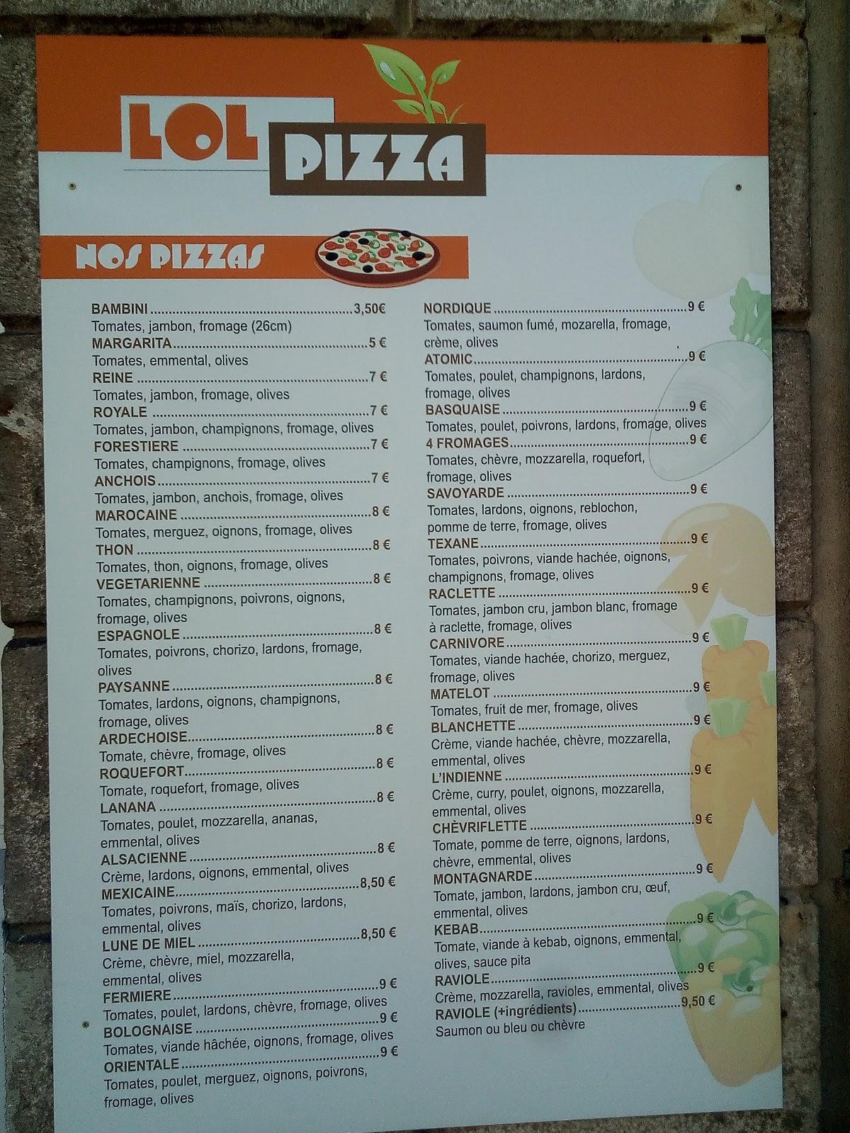 Menu au Lol Pizza pizzeria, Maclas, 119 Pl. de l'Église