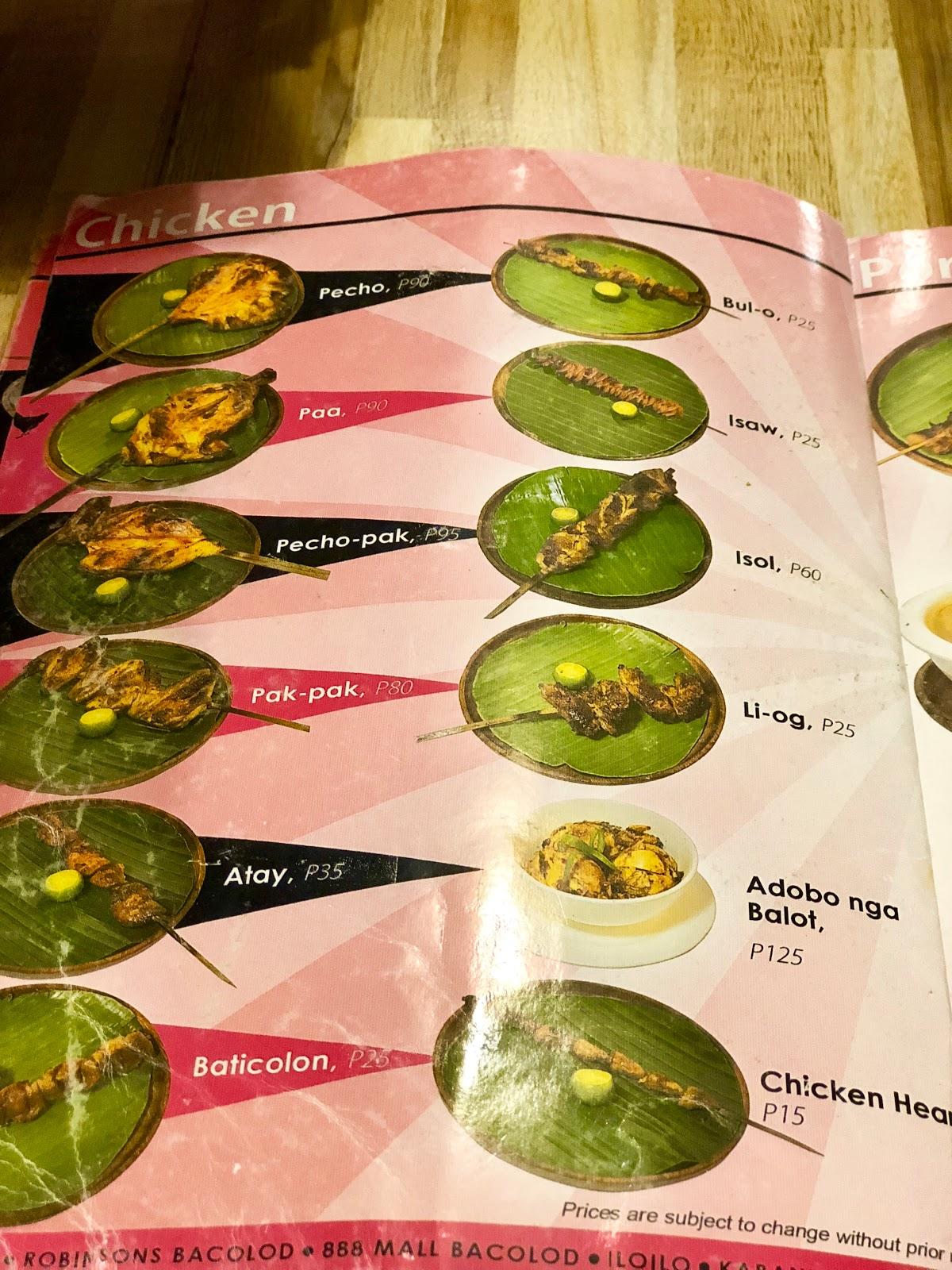 Menu at Masskara chicken inasal restaurant, Kabankalan