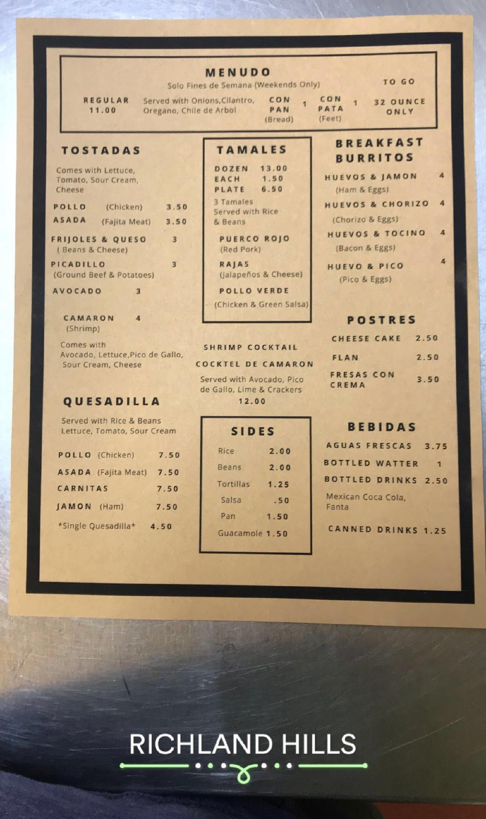 Menu at Mexican Deli restaurant, Richland Hills
