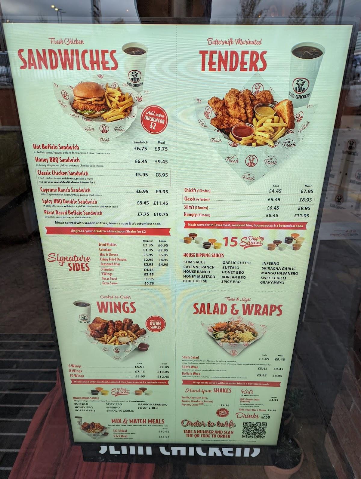 Menu at Slim Chickens restaurant, London, 12 Moor St